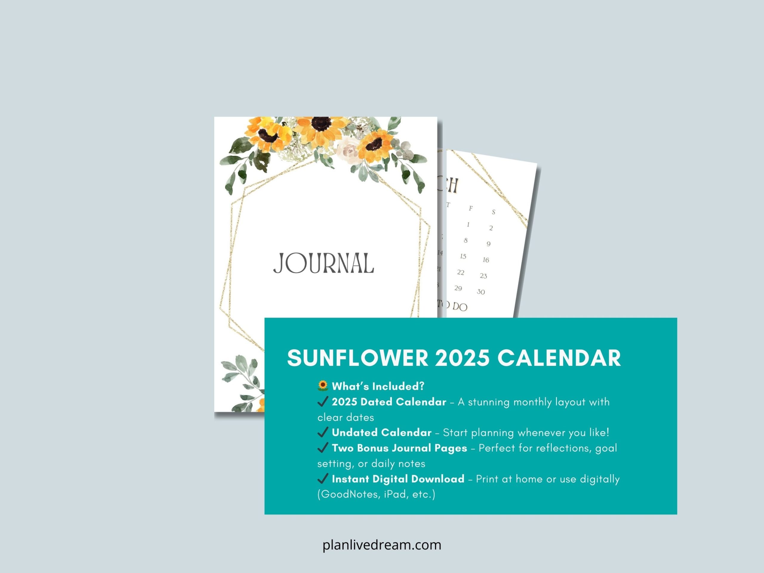 Sunflower 2025 Calendar Journal Bundle – Plan.Live.Dream Digital ...