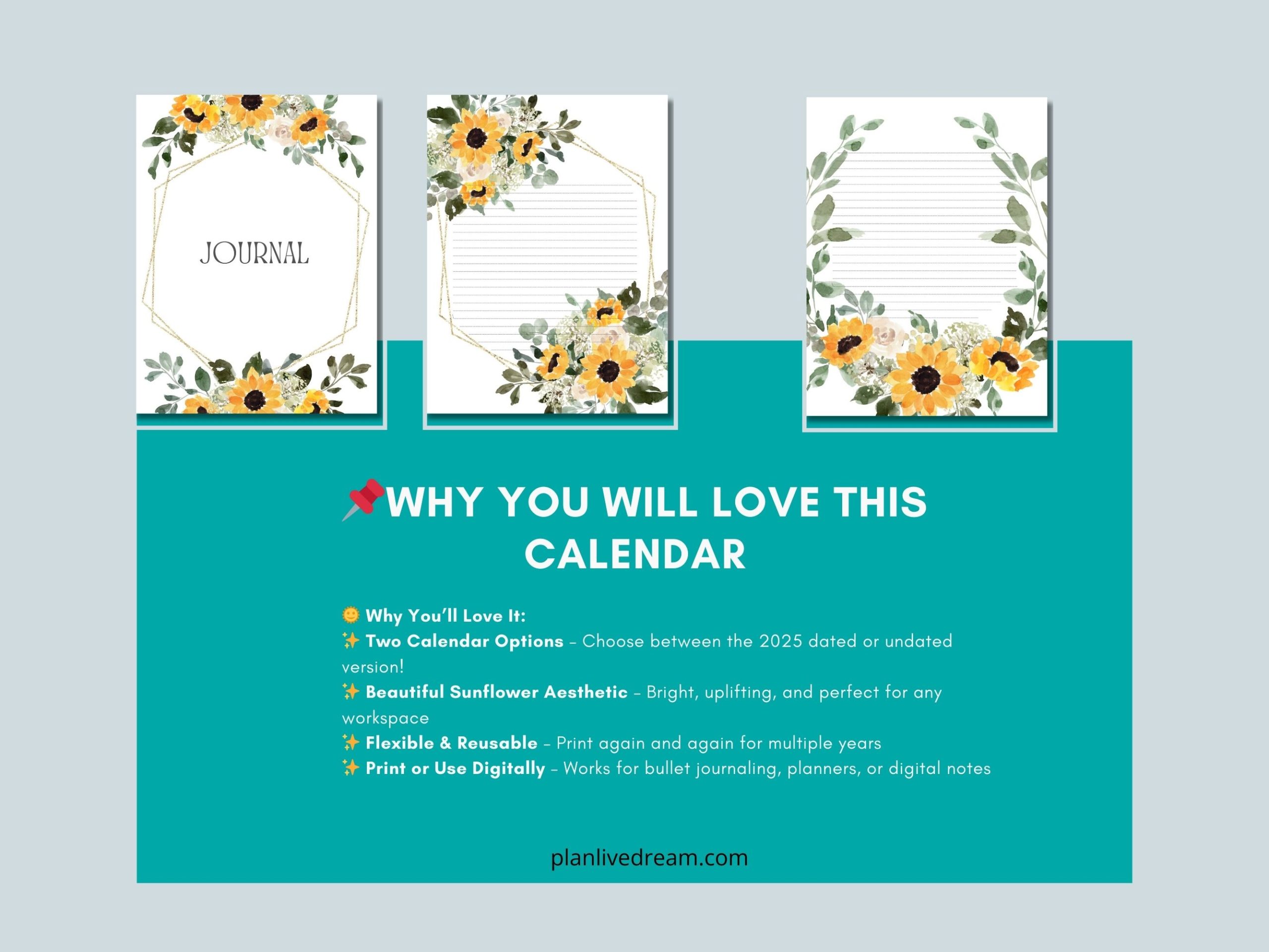 Sunflower 2025 Calendar Journal Bundle – Plan.Live.Dream Digital ...