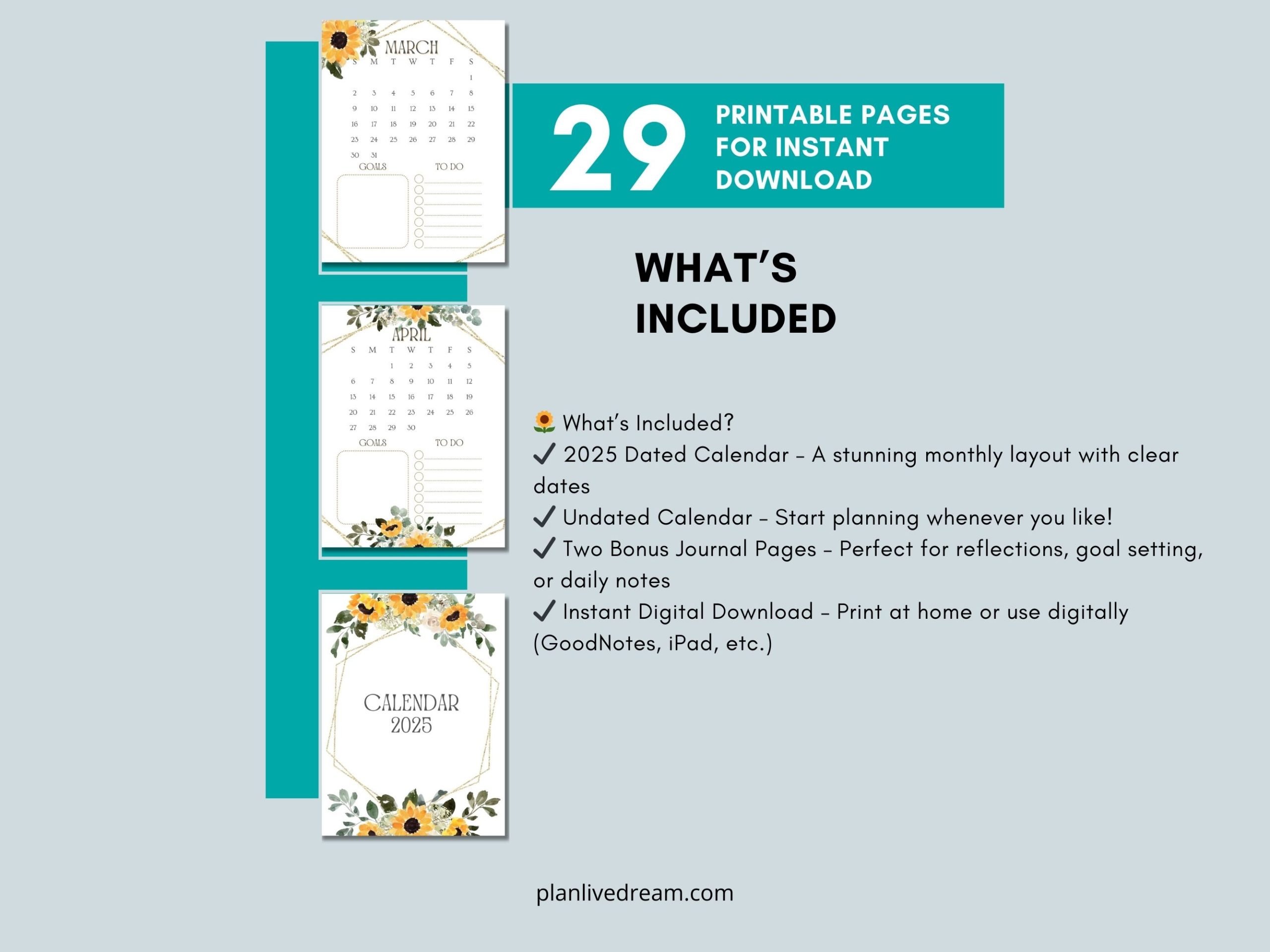 Sunflower 2025 Calendar Journal Bundle – Plan.Live.Dream Digital ...